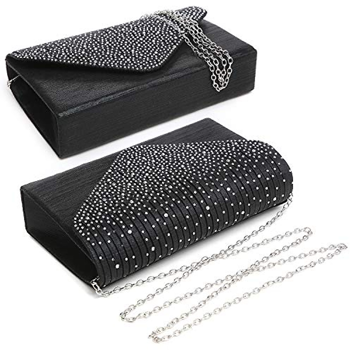 Dasein Women Satin Evening Bag Rhinestone Clutch Purse Wedding Prom Purse Formal Cocktail Party Handbag (Black)