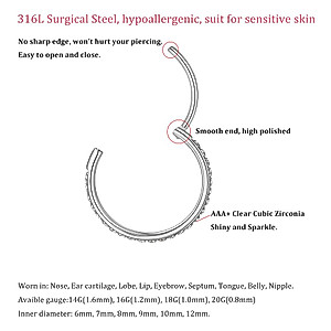 REDNITY 18G Hinged Nose Ring Hoop Surgical Steel, 18 Gauge Septum Clicker Cartilage Earrings with Clear CZ, Silver, 7mm
