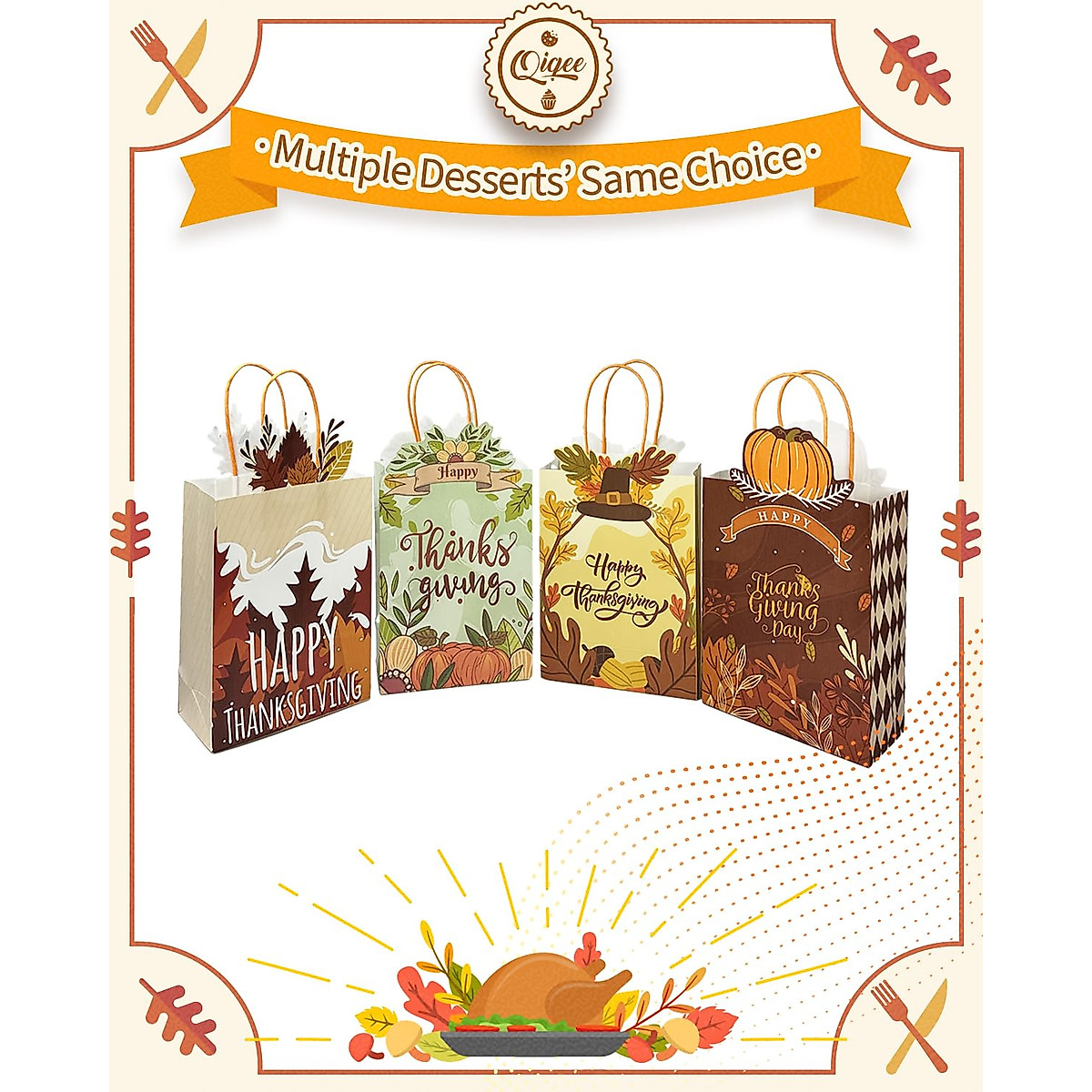 qiqee 24-Packs Thanksgiving Paper Gift Bags with Handles Bulk 8.26×6×3.15 Inch Pumpkin Gift Bags Multiple Uses (Small Size)