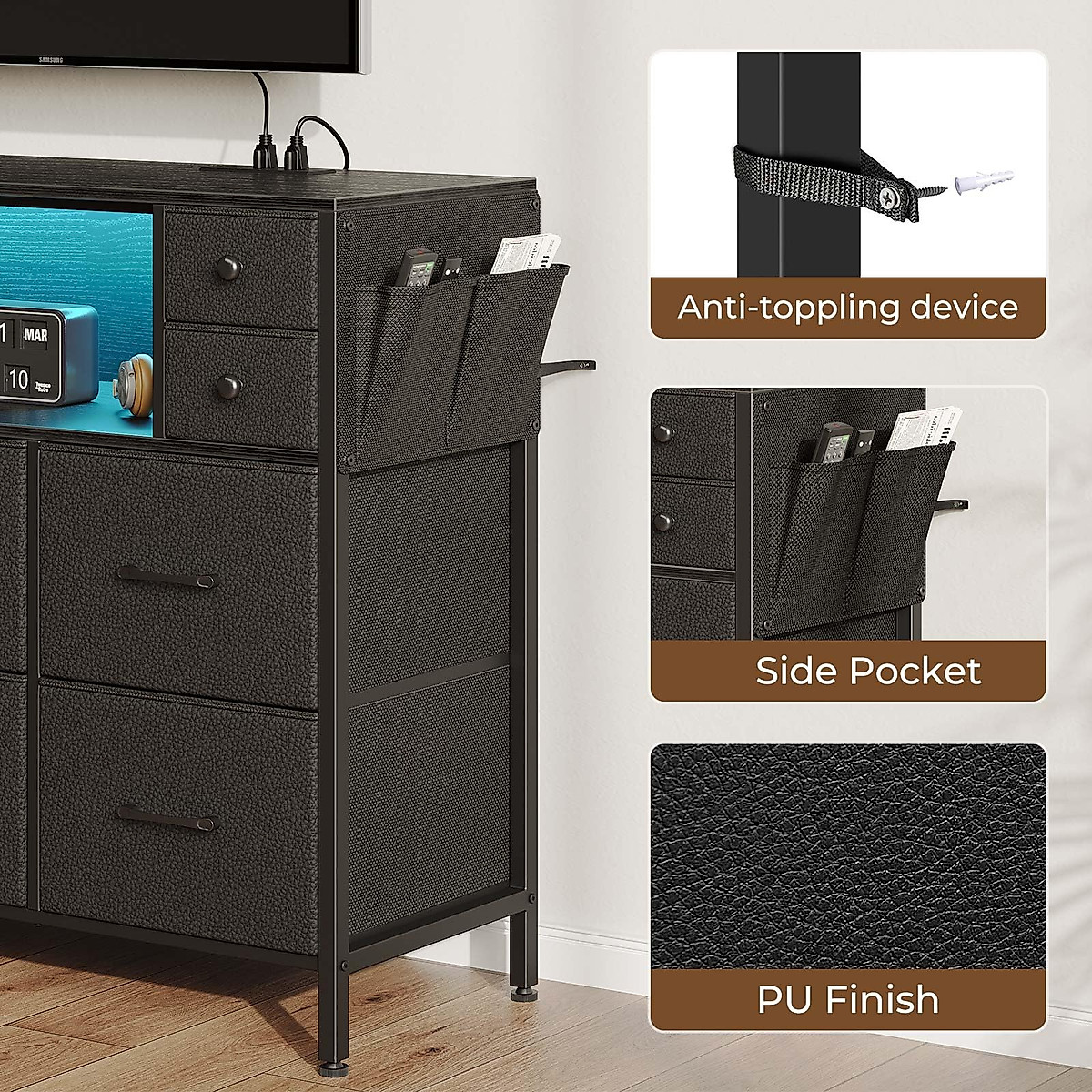Rolanstar Dresser with Power Outlets and LED Lights, 10 Drawers Dresser with Side Pocket, Fabric Chest of Drawers with PU Finish, TV Stand with Wood Top for up to 55inch TV, Black,XL