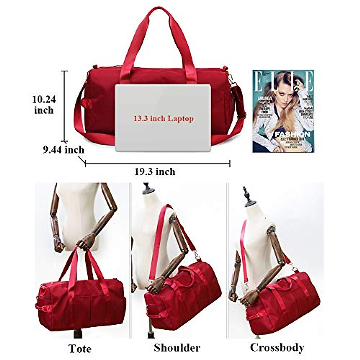 KARRESLY Sports Gym Bag for Women Travel Duffel Bag with Wet Pocket and Shoes Compartment for Training Swim Yoga(Red)