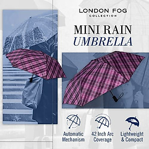 LONDON FOG Mini Rain Umbrella, Automatic Folding Umbrella, Windproof, Lightweight and Packable for Travel, Full 42 Inch Arc, Purple Tartan
