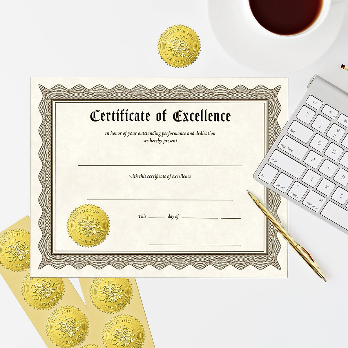 BENECREAT 100 Packs For You Vintage Filigree Embossed Gold Foil Stickers Vintage Filigree Self Adhesive Certificate Seals for Graduation, Notary Seals