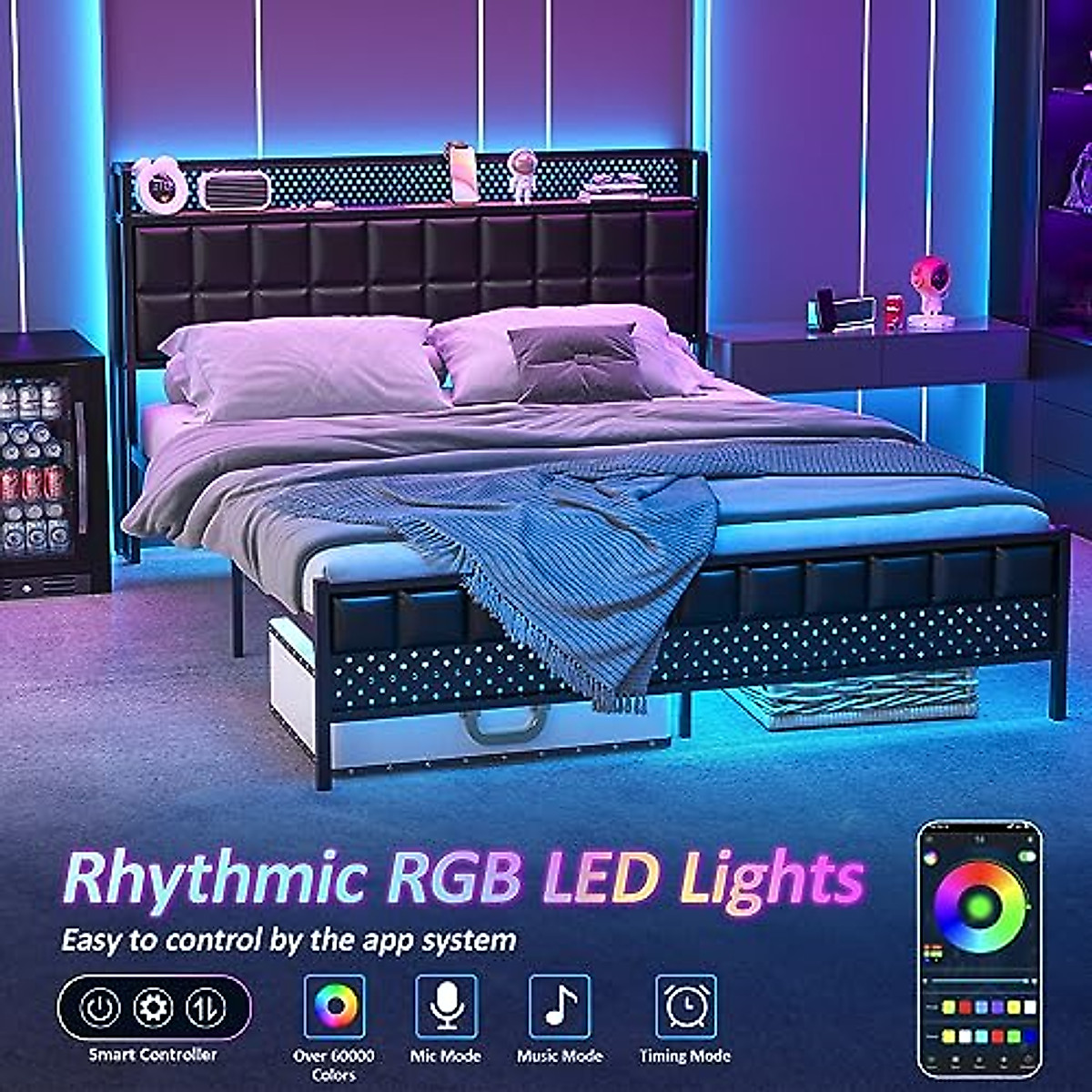 Halitaa Full Size Bed Frame with Headboard and Led Lights,Upholstered Bed Frames with Charging Station,Platform Metal Bed with Storage Shelves,No Box Spring Needed,Easy Assembly