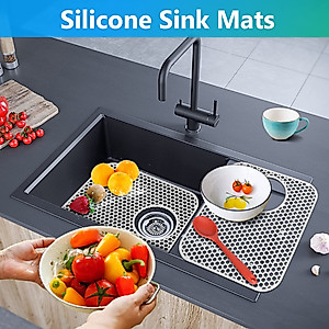 YUBIRD Sink Protectors for Kitchen Sink -13.58"x 11.6" Sink Mat, 2 PCS Silicone Kitchen Sink Mat for Bottom of Stainless Steel Sink(Grey, Rear Drain)