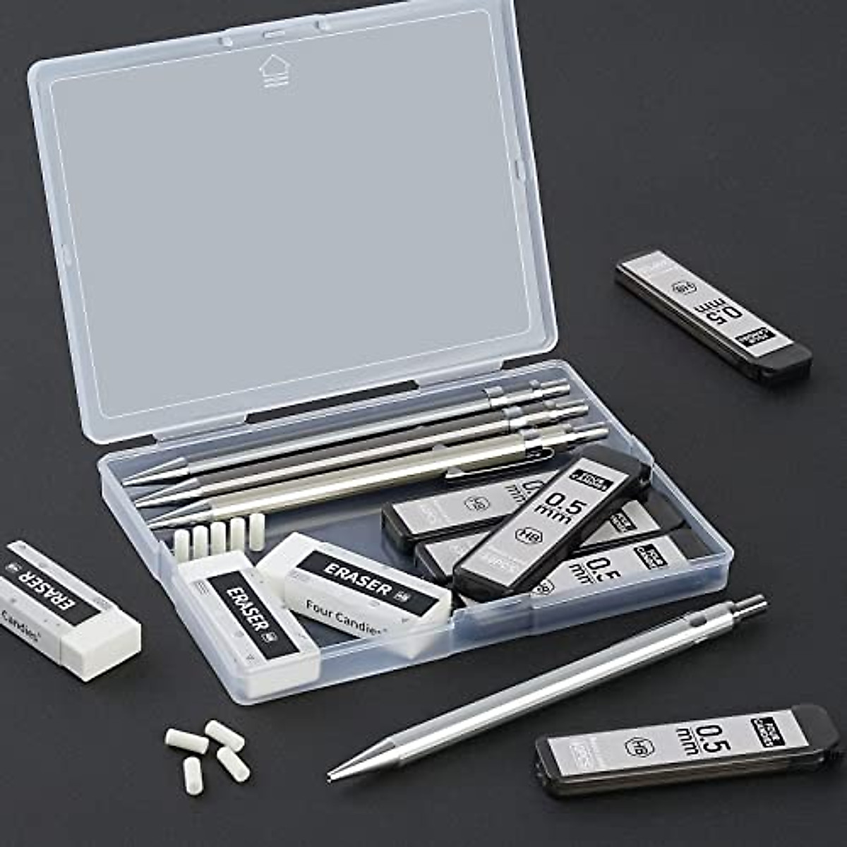 Four Candies 0.5mm Mechanical Pencil Set with Case - 4PCS Metal Mechanical Pencils, 6 Tubes HB #2 Lead Refills, 3PCS 4B Erasers and 9PCS Eraser Refills, Lead Mechanical Pencils for Writing & Drawing