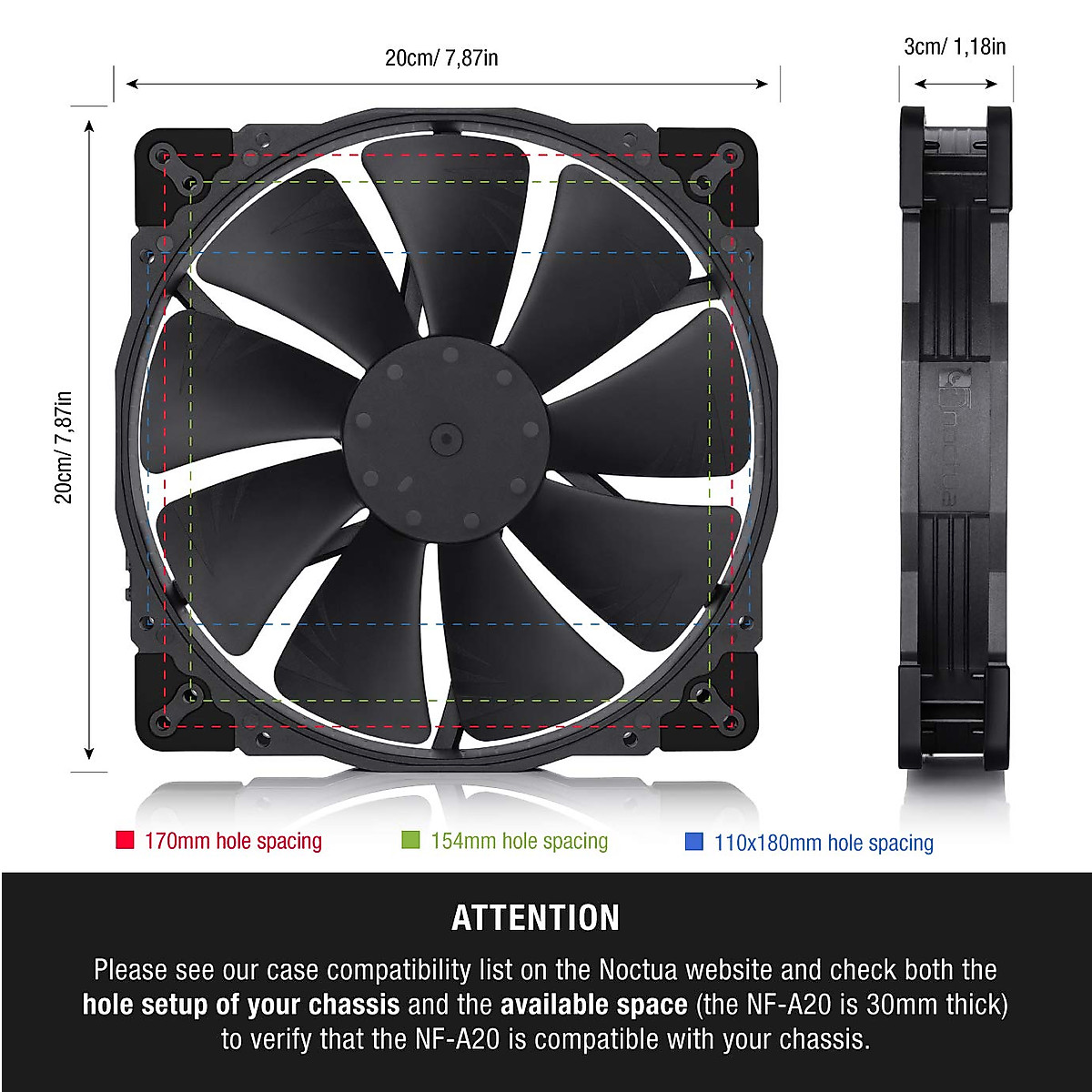 Noctua NF-A20 PWM chromax.Black.swap, Premium Quiet Fan, 4-Pin (200x30mm, Black) For Desktop