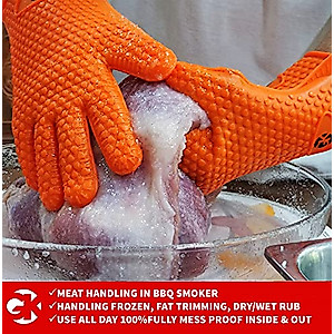 GK’s Premium BBQ Dream Set: 100% Mess Proof Silicone BBQ Smoker Gloves for BBQing All Day Plus Super Sharp Solid Meat Claws for Shredding Plus Silicone Basting Brush | Smoker Accessories for Men and Women (Orange)
