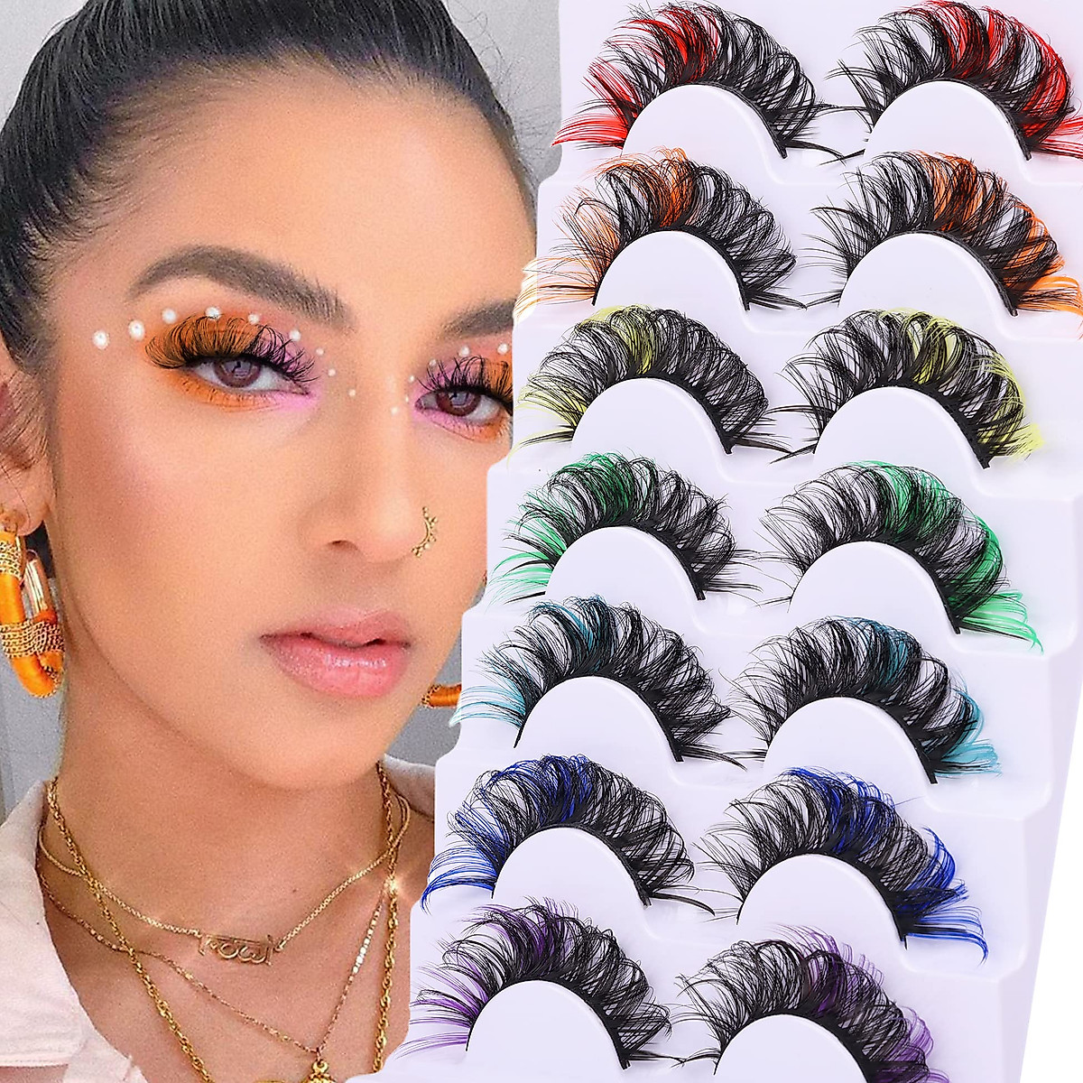 Colored Eyelashes Mink Lashes with Color Fluffy Natural Wispy Strip Eye Lashes 5D Volume False Eyelashes Pack 7 Pairs Cosply Rainbow Colors Fake Eyelashes by TNFVLONEINS