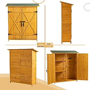 56”L Outdoor Storage Cabinet, Wood Garden Shed, Outside Tool Shed, Vertical Organizer Cabinet with Double Lockable Doors Tool Storage Box for Outside, Garden Backyard Patio Yard Waterproof Roof