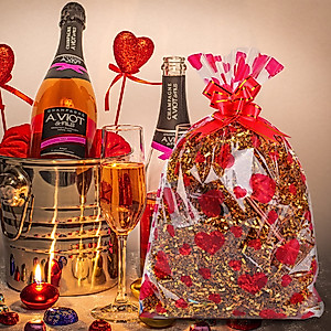 Kolewo4ever 40pcs Heart Cellophane Basket Bags Set 20pcs Heart Cellophane Wrap Clear Basket Bags With 20pcs Red Pull Bows for Valentine, Weddings, Bridal or Baby Showers (12x18inches)