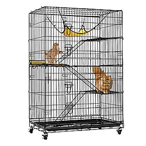 VIVOHOME 4-Tier 49 Inch Collapsible Metal Cat Kitten Ferret Cage 360° Rotating Casters Enclosure Pet Playpen with Ramp Ladders Hammock and Bed Black