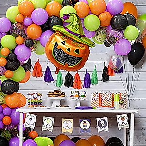 124 Pack Halloween Balloon Arch Garland Kit, Black Orange Green Purple Confetti Balloons and Mylar Pumpkin Balloon for Kids Halloween Birthday Party Decorations Supplies