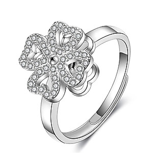 HMOOY Four Leaf Clover Rotating Ring,Lucky Leaf Engagement Open Ring Fashion Silver Anti Anxiety Ring for Women Fidget Rings for Relieving Stress Band Ring (Silver)