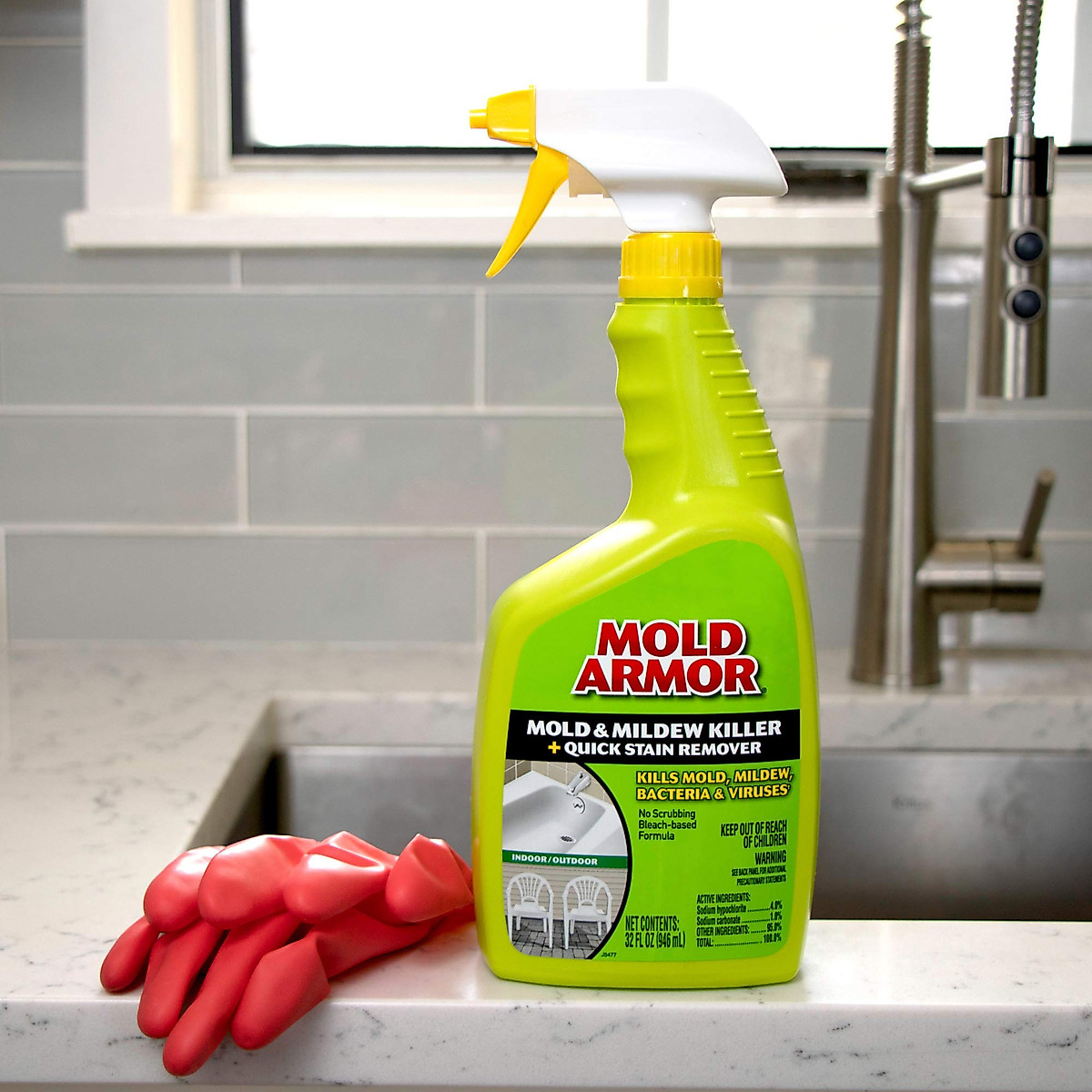 MOLD ARMOR Mold and Mildew Killer + Quick Stain Remover, 32 oz., Trigger Spray Bottle, Eliminates 99.9% of Household Bacteria and Viruses, Ideal Bathroom Mold and Mildew Remover