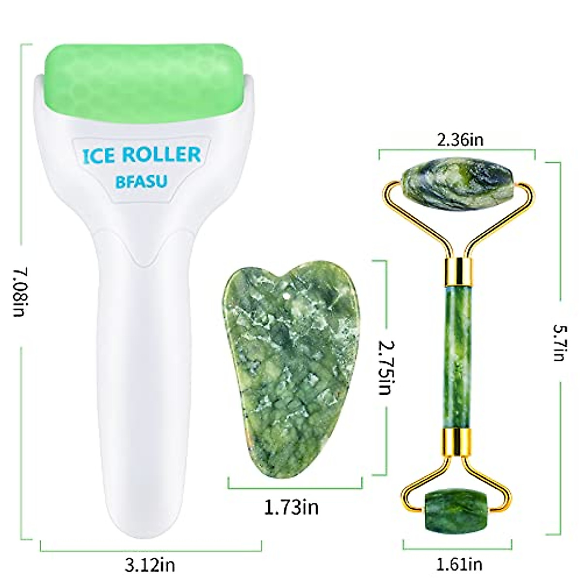 BFASU Facial Roller Set of 3, Ice Roller, Two-Sided Jade Roller and Gua Sha Massage Tool, Rolling Tool for Facial Beauty and Body Massage, Helps Reduce Puffy,Skin Care Gifts (Green)