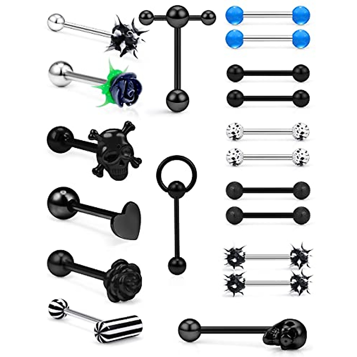 Prjndjw 14G Tongue Rings Surgical steel tongue piercing jewelry 5/8 inch 16mm Skull Heart Flower T Shape Koosh Spiky Silicone Soft Spike Ball Door Knocker Tongue Ring Body Piercing Jewelry Retainer