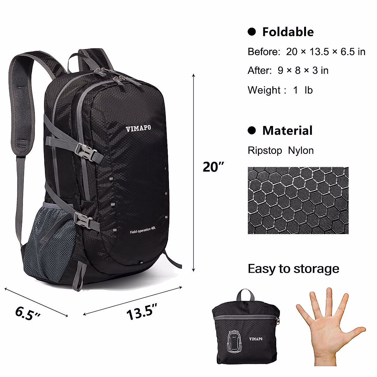 vimapo Packable Lightweight Backpack 40L, Ripstop Nylon Foldable Traveling Daypack, Collapsible Hiking Backpack For Outdoor(Black)