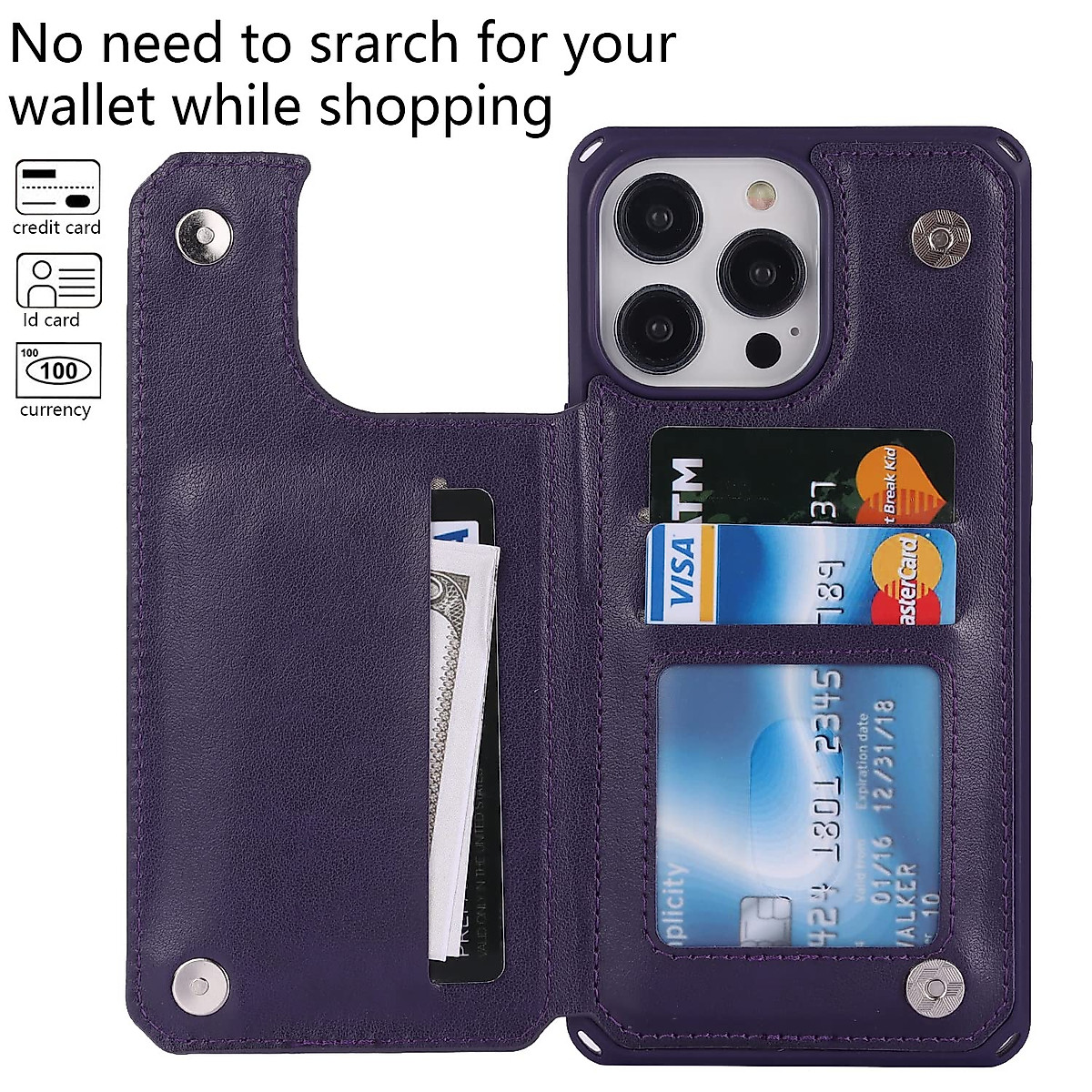 Cavor for iPhone 14 Pro Max Case Wallet with Card Holder,for iPhone 14 Pro Max Wallet Phone Case for Women Men,Leather Credit Card Holders Shockproof Stand Case-Dark Purple