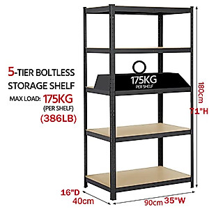 5 Tier Shelving Unit Storage Units Heavy Duty Metal Shelves for Warehouse/Garage/Shed/Workshop/Commercial/Industrial/Kitchen, 1929LB Capacity(386LB per Shelf), 71" H x 35" W x 16" D Black