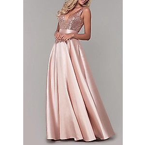 V Neck Prom Dress Sequins Satin Long 2025 New Formal Evening Dresses Ball Gowns for Women with Pockets Rose Gold