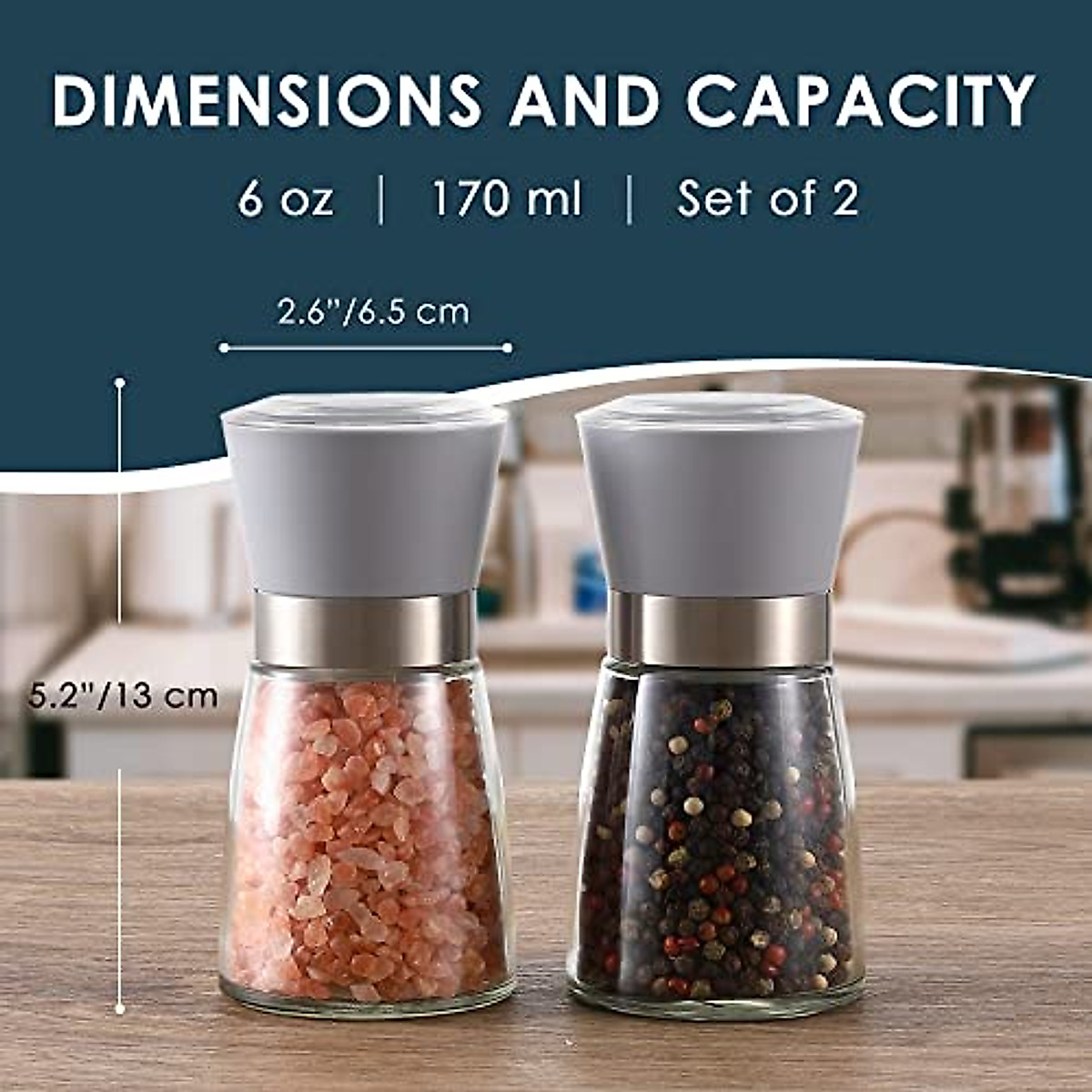 Vzaahu Salt and Pepper Grinder Set Grey - Refillable Small Sea Salt & Peppercorn Shakers Set, Adjustable Coarseness, Ceramic Burr, Premium Glass Salt & Pepper Mill