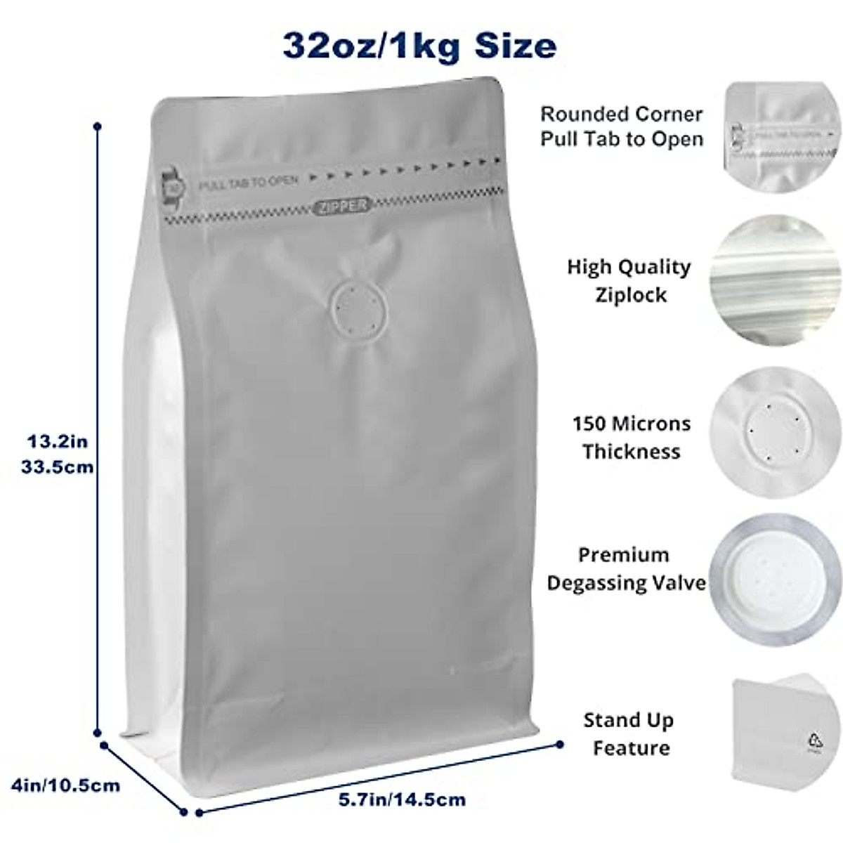 50 Count 32oz/1kg White Kraft Paper Coffee Bags - High Barrier Aluminium Foil Liner - Flat Bottom Coffee Pouches with Degassing Valve, Food Storage Bags with Rsealable Zipper & Easy Open Tape (50pcs, 32oz/1kg)