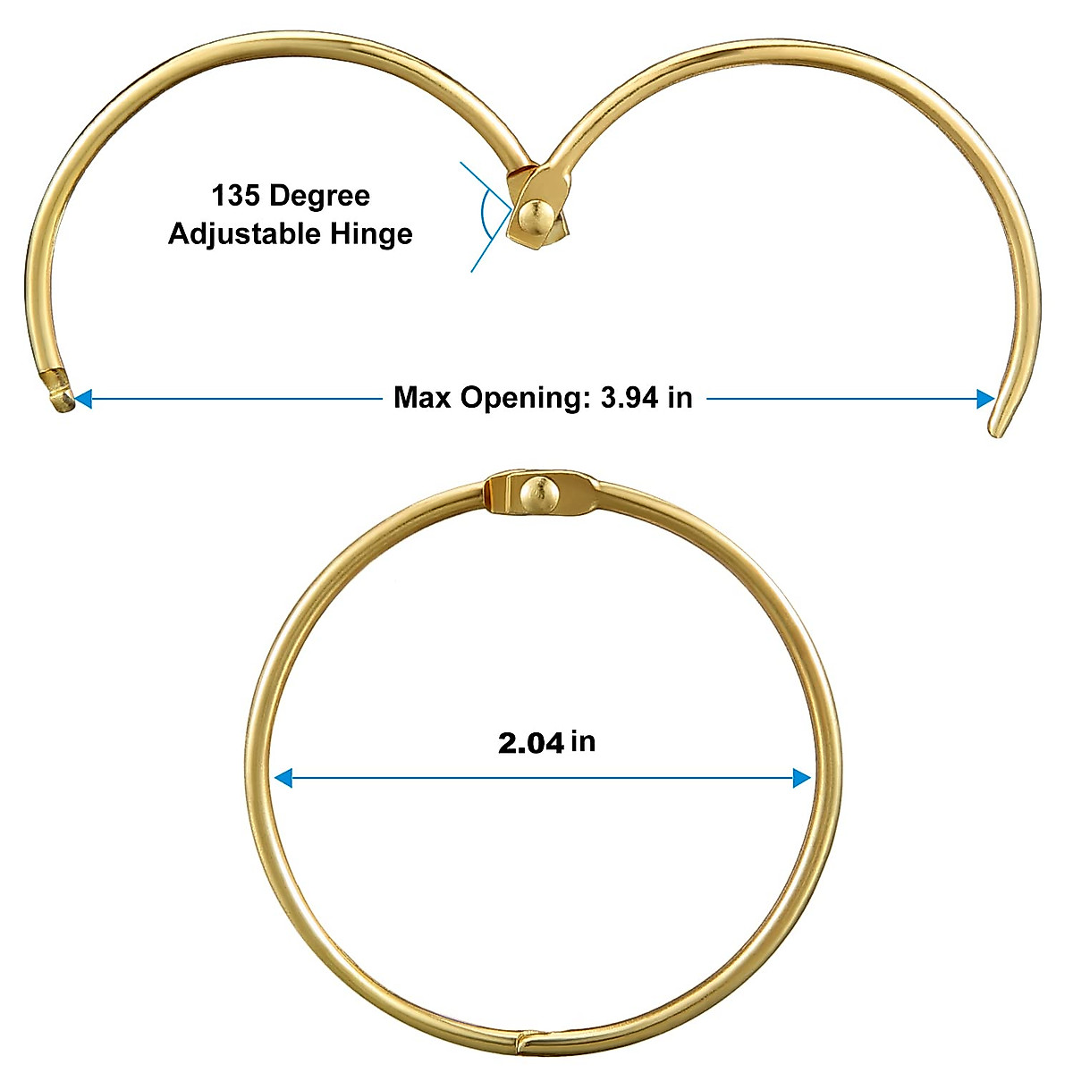 24 PCS Shower Curtain Rings, Gold Shower Curtain Hooks Decorative, ZESLMG Rustproof Shower Hooks for Shower Curtain Rods, Brass Metal Shower Rings for Bathroom, 2 Inch Loose Leaf Binder Rings