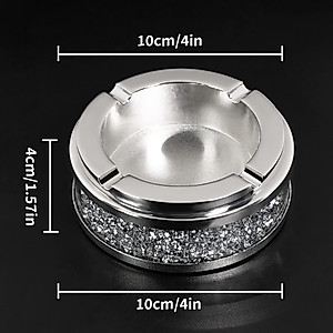 Ashtray, Cool Ashtrays for Cigarettes Outdoor, Cute Glass Ash Tray for Weed, Crushed Diamond Home Decor, Bling Crystal Ashtray for Smokers Indoor Use, 4"L x 4"W x 1.57"H, Silver