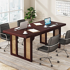 Tribesigns 70.9 Inch Executive Desk, Large Office Computer Desk with Rattan & Metal Frame, Modern Simple Study Writing Table Workstation Desk for Home Office, Conference Meeting Room