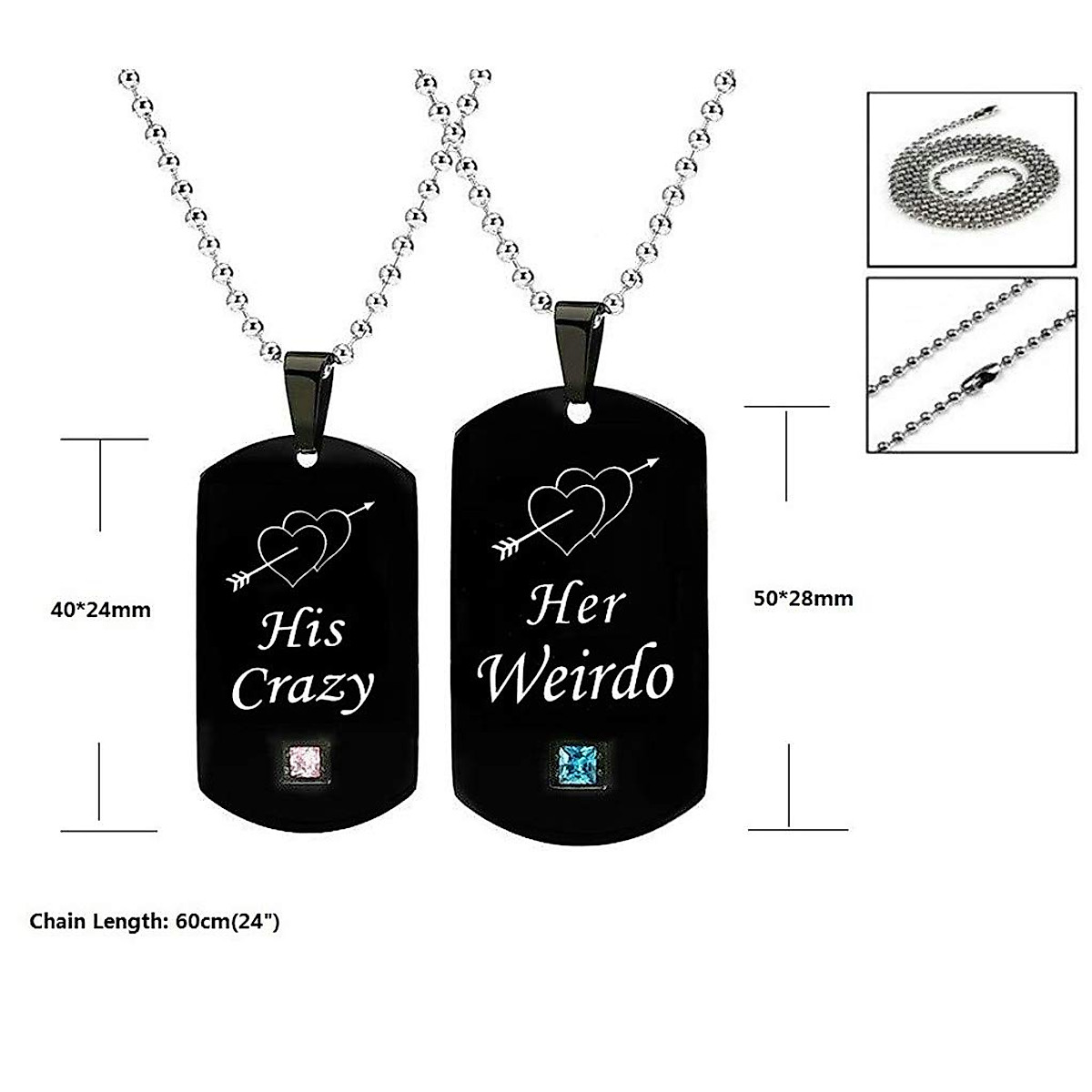 Couples Necklace with Titanium Stainless Steel Pendant,His & Hers Matching Necklace Set Lovers Gift(Her Weirdo & His Crazy)