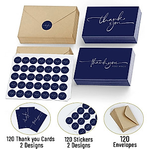 120 Classy Navy Blue Thank You Cards Bulk - Professional Looking - Thank You Greeting Notes, Blank Inside with matching Brown Kraft Envelopes & Stickers Perfect for Wedding, Business,Graduation & Much