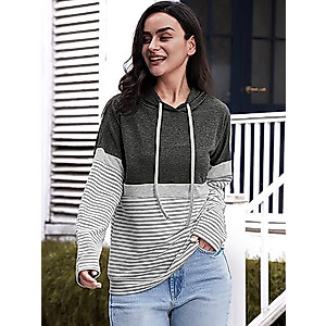 Butgood Women's Color Block Hoodies Fall Long Sleeve Sweatshirt Casual Drawstring Pullover Tops Striped Tunic Shirts Dark Grey