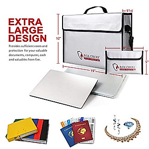 ROLOWAY Fireproof Document & Money Bags, Large Fireproof & Water Resistant Bag (15 x 12 x 5 inches), Fireproof Folder Safe Bag for Cash, Valuables & Passport, with Silicone Coating & Zipper Closure