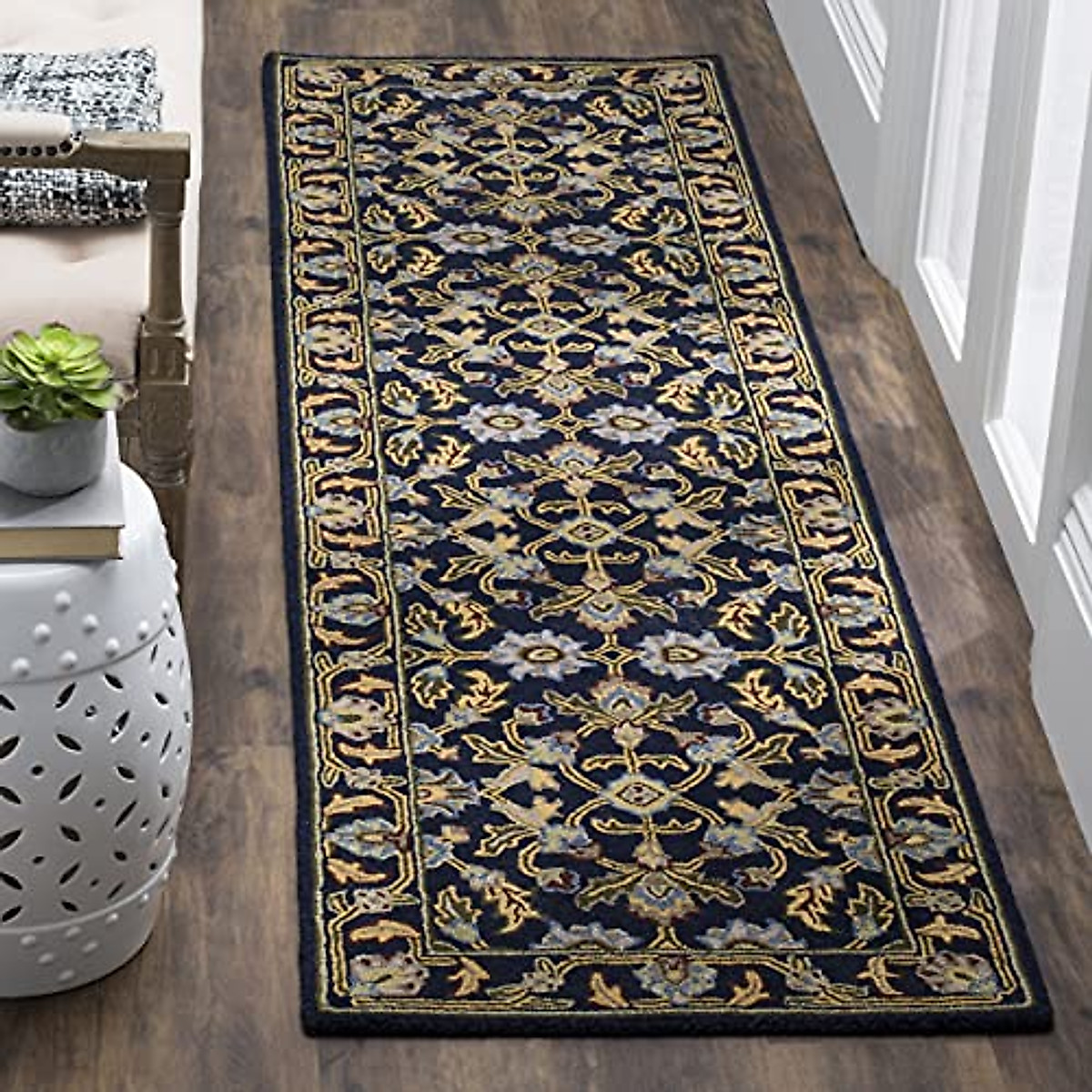 SAFAVIEH Blossom Collection 2' 3" x 12' Navy BLM219A Handmade Premium Wool Entryway Foyer Living Room Kitchen Runner Rug