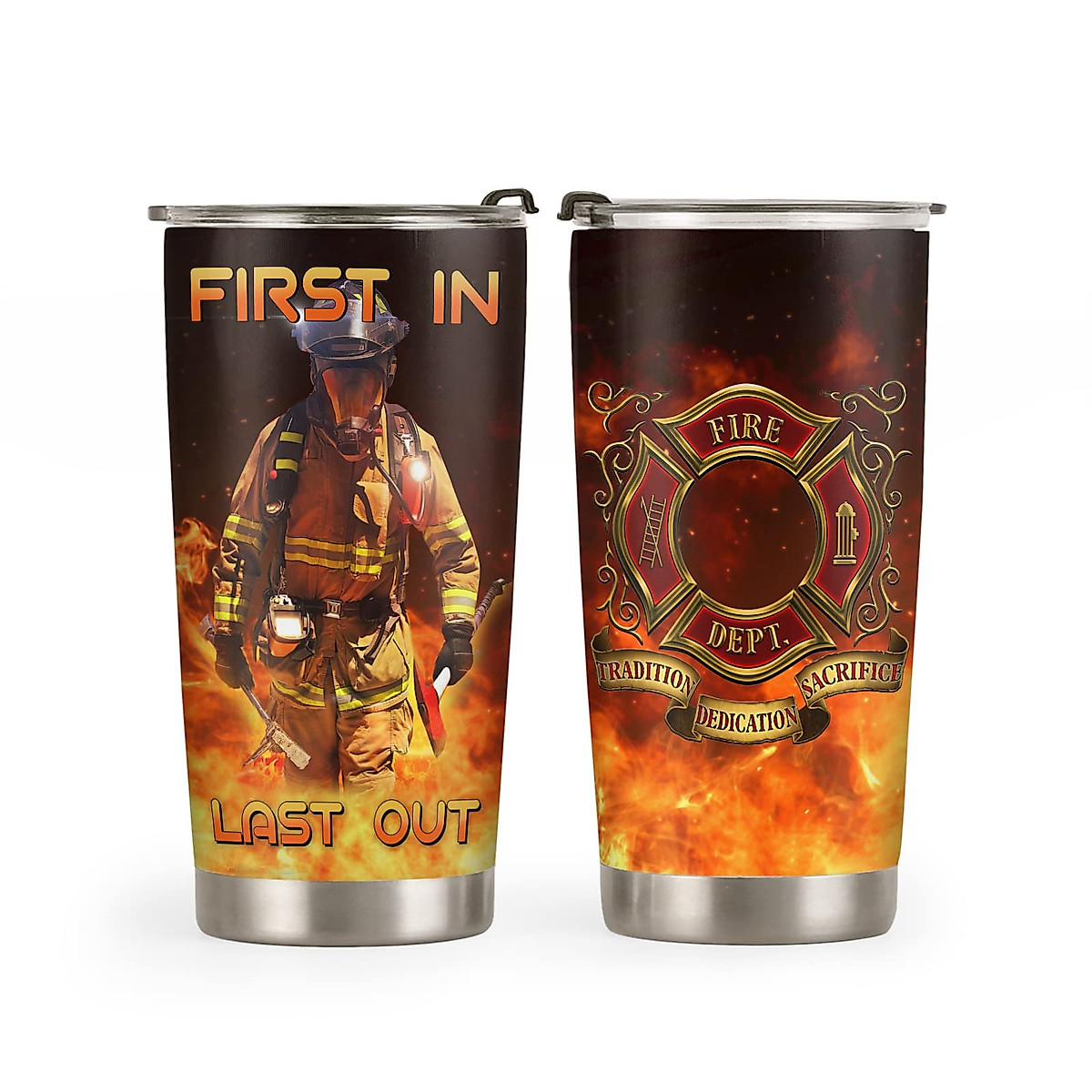 20oz Firefighter Tumbler, First in Last Out, Firefighter Gifts, Coffee Thermos for Men, Stainless Steel Double Wall Vacuum Insulated Coffee Mug, Travel Cup with Lid
