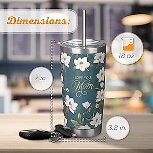 Christian Art Gifts Large Stainless Steel Double Wall Vacuum Insulated Travel Tumbler for Mothers: Love You, Mom, Inspiring Scripture, Hot/Cold, Flip Top Lid, Resusable Straw, Dark Teal Floral, 18 oz.