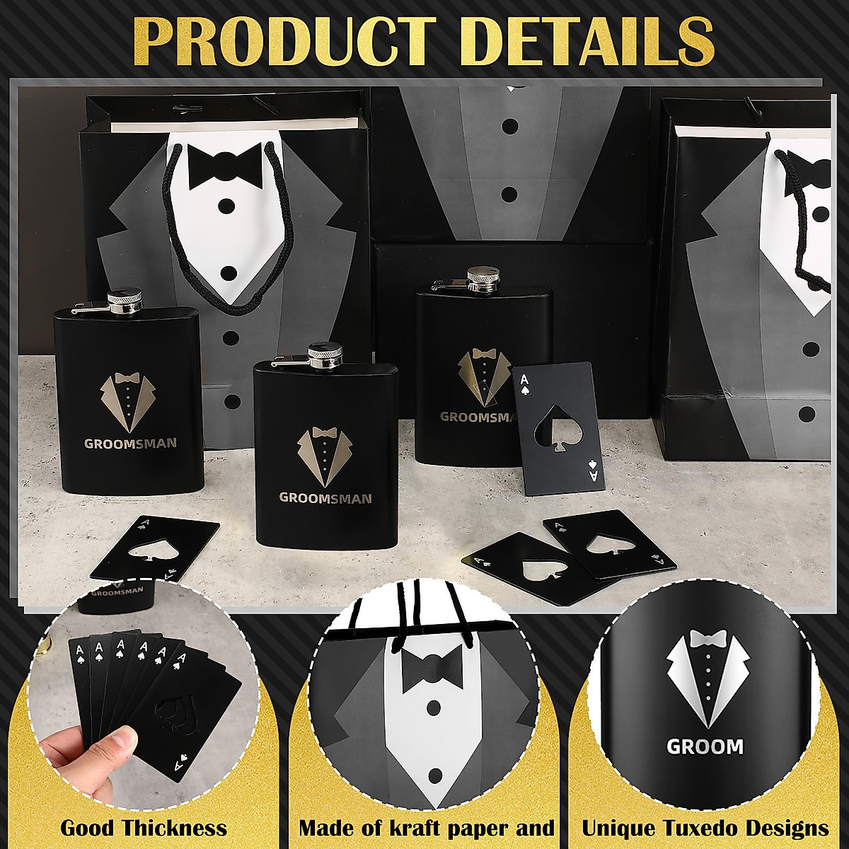 32 Pcs Groomsmen Gifts Set 8 Groomsmen Gift Proposal Bags 8 oz Stainless Steel Tuxedo Hip Flask 8 Groomsmen Gauge Glasses with 8 Poker Card Beer Bottle Opener Cap for Wedding Bachelor Party Favors