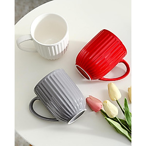 Hasense Ceramic Coffee Mugs Set of 4, 16 Oz Large Ribbed Coffee Cups with Big Handle, Unique Modern Style White Latte Mugs for Tea,Cocoa,Milk,Cappuccino, Microwave & Dishwasher Safe