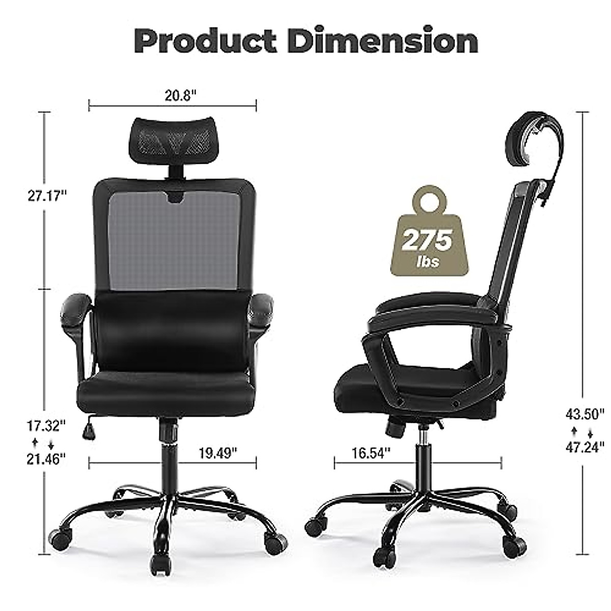 JHK Home Office Desk Chair, Ergonomic Office Chair with Adjustable Headrest and Soft PU Armrest, Swivel Rolling Chair Mesh Reclining Computer Chair with Lumbar Support and Tilt Function, Black