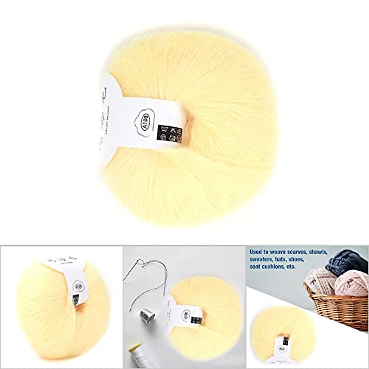 Wool Yarn for Knitting, 12 Colors Soft Thin Angora Mohair Yarn Hand Washable Long Wool Yarn DIY Scarf Crochet Thread Supplies for Craft Projects(Yellow)