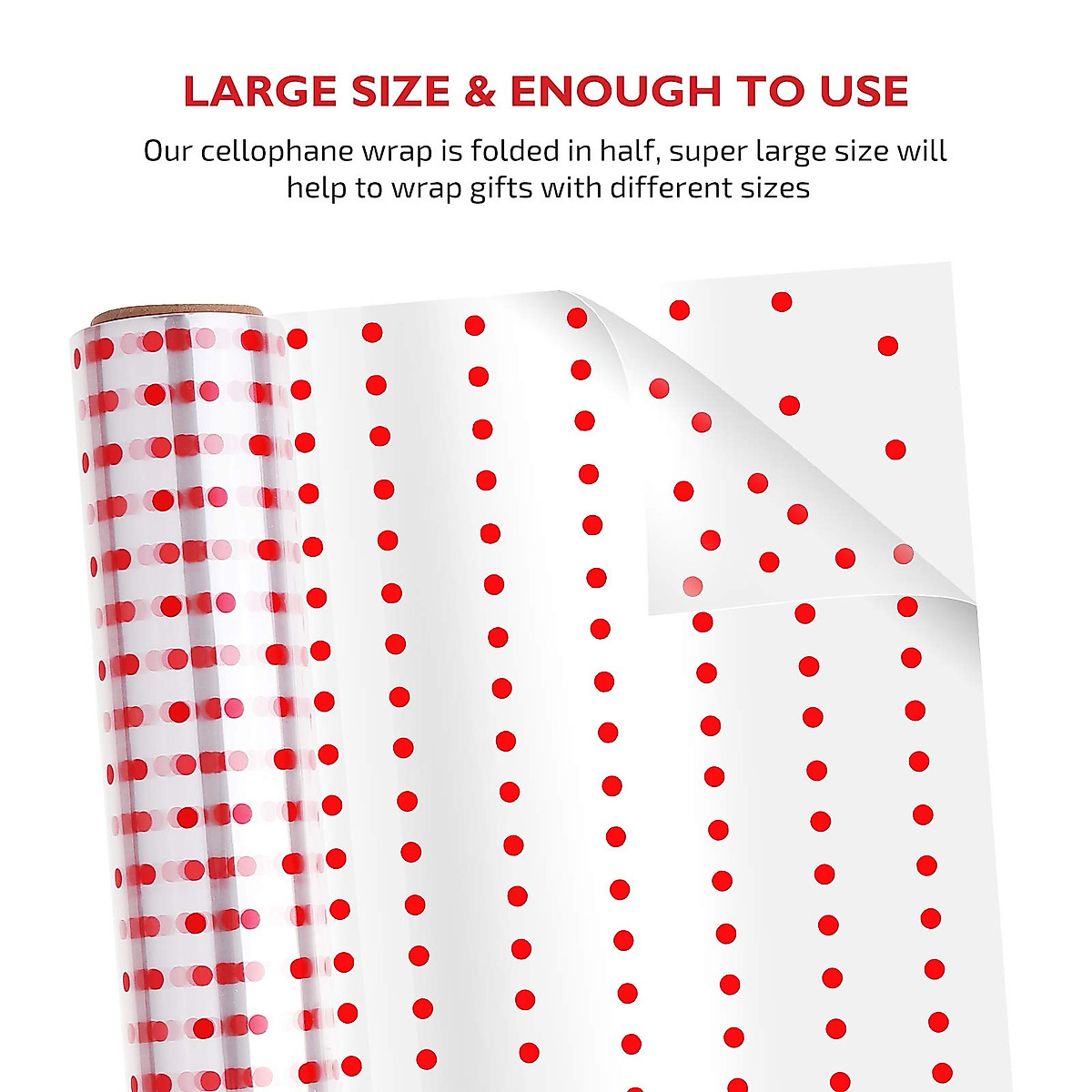 STOBOK Cellophane Wrap Roll | Unfolded Width 32 inch x 100 Ft, Red Polk Dot Paper Wrapper, 3 Mil Thicken Transparent Long Film Gift Wrappings for Flowers, Bouquet,Basket, Food Packing Paper