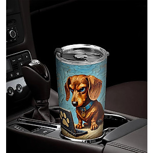 ORCAE 20oz Funny The Deadline Dachshund Tumbler, Gifts for Dachshunds Lovers, Friends, Colleagues Gifts, Stainless Steel Double Wall Vacuum Insulated Coffee Mug, Travel Cup with Lid - F