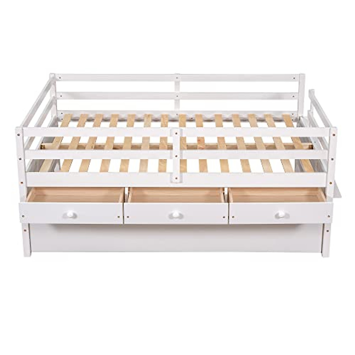 ODC Low Loft Bed with Trundle Bed and 3 Storage Drawers, Multifunctional Full Size Loft Bed with Climbing Ladder, Solid Wood Bed Frame with Full Safety Fence for Kids Boys Girls