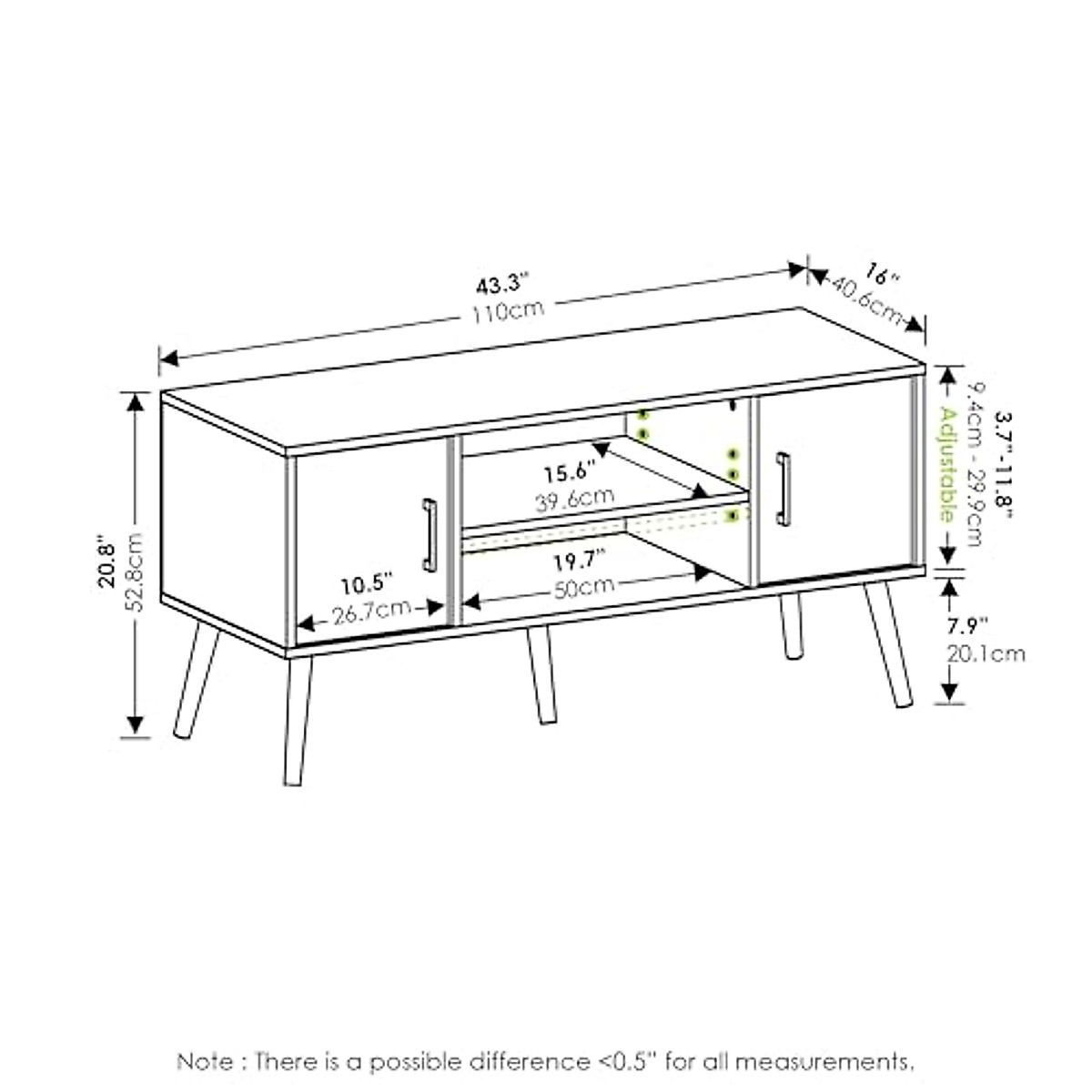 Furinno Claude Mid Century Style Wood Legs TV Stand for TV Size up to 50 inch with Two Cabinets, French Oak