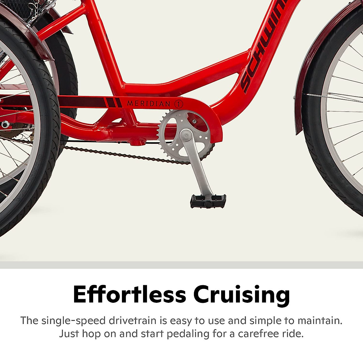 Schwinn Meridian Adult Tricycle Bike, Mens and Womens Three Wheel Beach Cruiser, 26-Inch Wheels, Low Step-Through Frame, Wide Seat, Rear Folding Basket, 1-Speed, Red