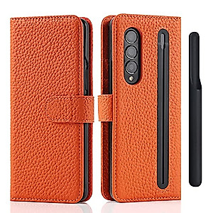 Samsung Galaxy Z Fold 3 Buckle Wallet Case with Detachable S Pen Holder, Ultra Slim Luxury Litchi Grain Genuine Leather Phone Cases Cover with Card Slot Orange