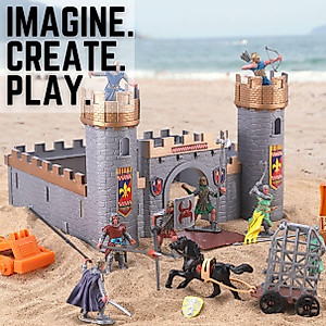 Liberty Imports Medieval Castle Kingdom Knights Action Figure Toy Army Playset with Castle, Figurines, Catapult, and Acessories Kids Playset in Storage Bucket