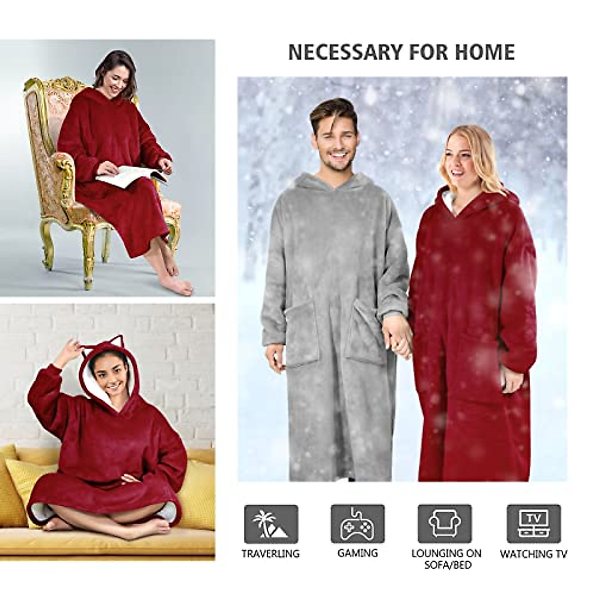 KIKILIVE Wearable Blanket Hoodie for Women and Men, Oversized Blanket Sweatshirt with Hood Pocket and Sleeves, Super Warm and Length Flannel Fleece Blanket for Adults