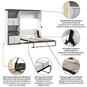 Bestar Orion Murphy Bed with Storage Cabinet and Fold-Out Desk (91W), Sleeping Arrangement with Work Surface, Full, White & Walnut Grey